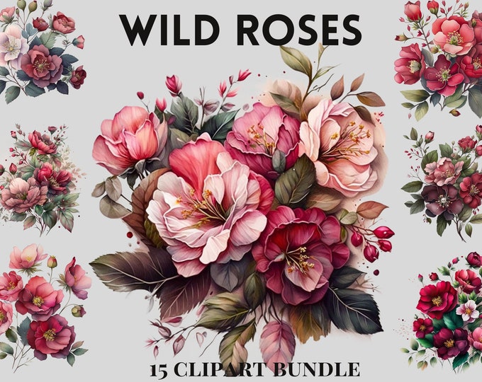 Beautiful Wild Rose Clipart, Watercolor Roses Clip Art, Floral PNG ...