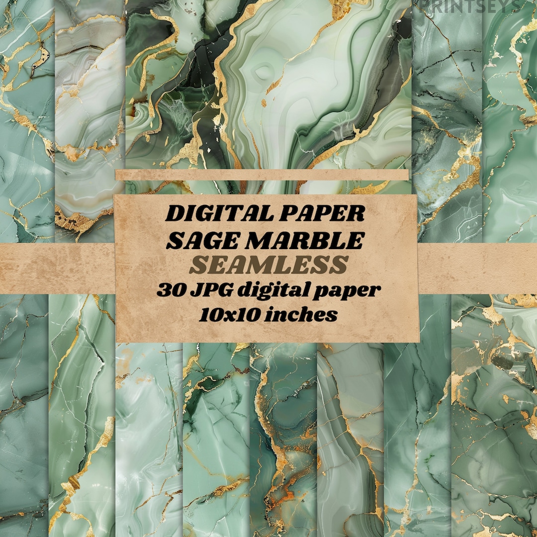 Sage and Gold Marble Pattern Digital Papers, Seamless Marble Textures ...
