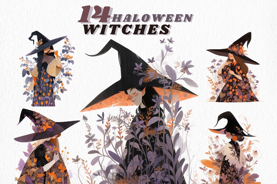 Vintage Halloween Witches Clipart Bundle, Chic Clipart, Folk Art ...