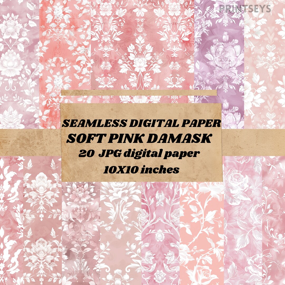 Soft Pink Floral Damask Digital Paper, Rustic Vintage Textured Paper ...