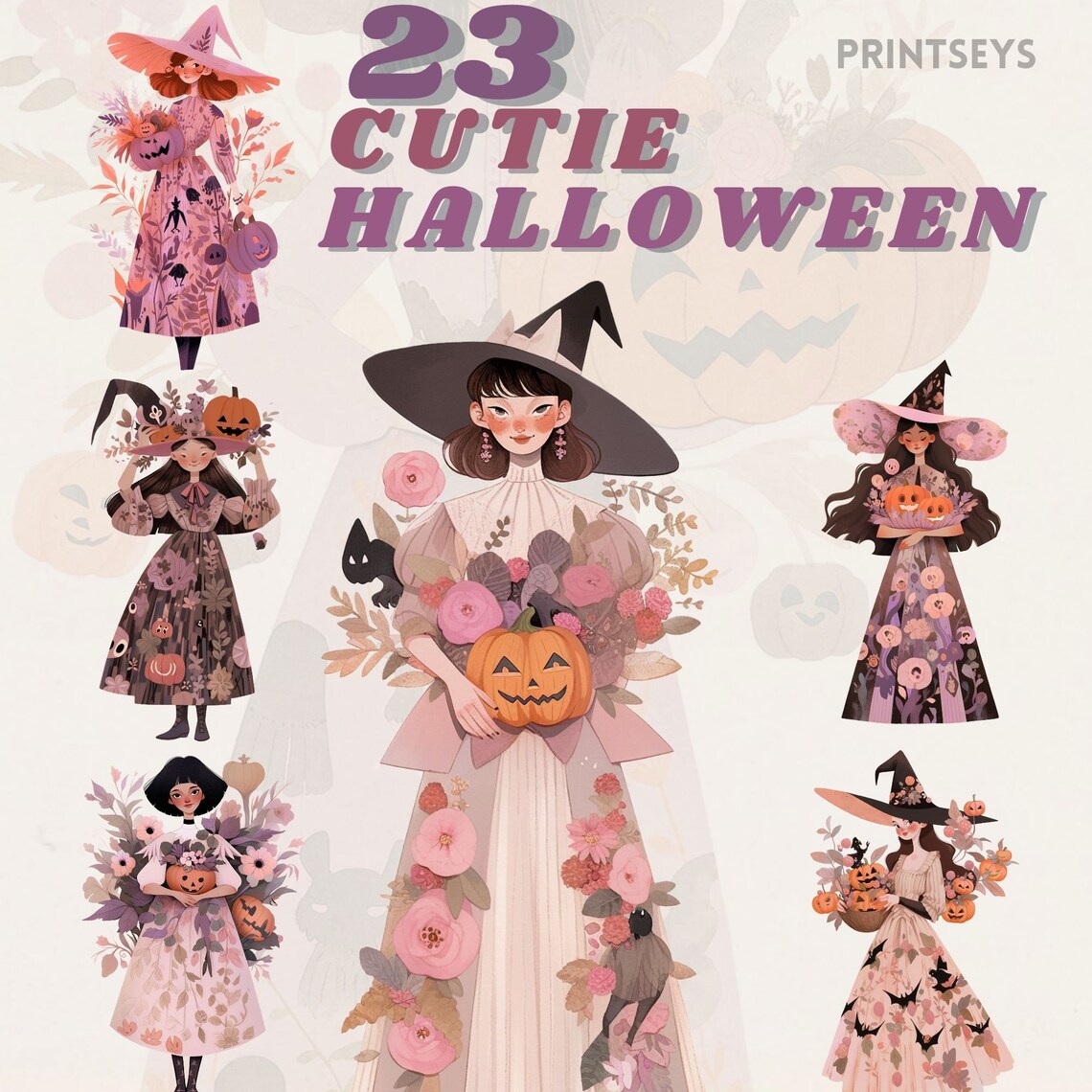 Coquette Halloween Witch Clipart Bundle, Chic Clipart, Folk Art ...