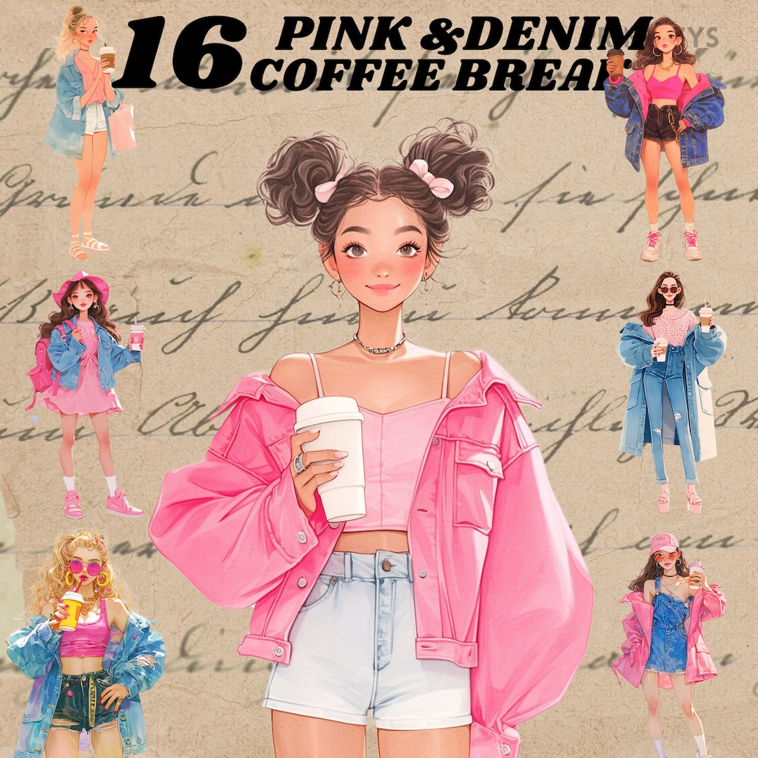 Pink and Denim Coffee Girl Digital Stickers, Cottagecore Clipart Bundle ...