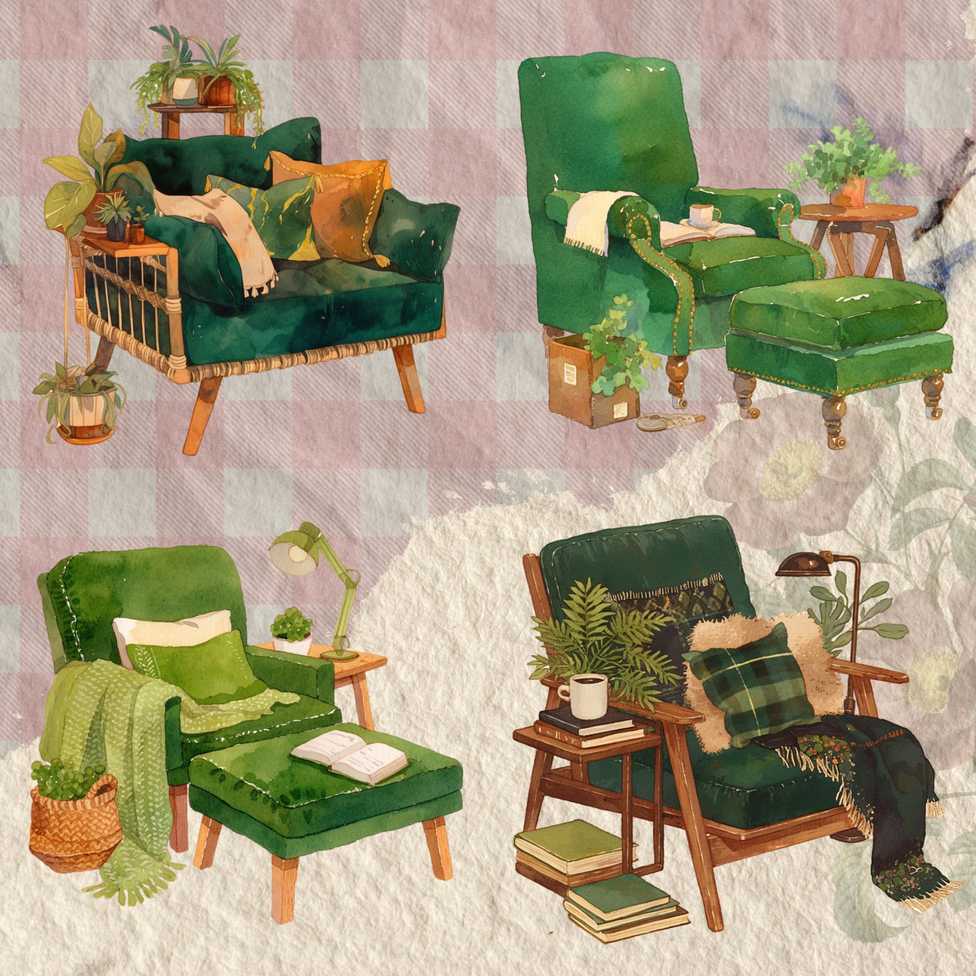 Watercolour Cozy Armchair Clipart Set , Cozy Houseplant Sticker Bundle ...