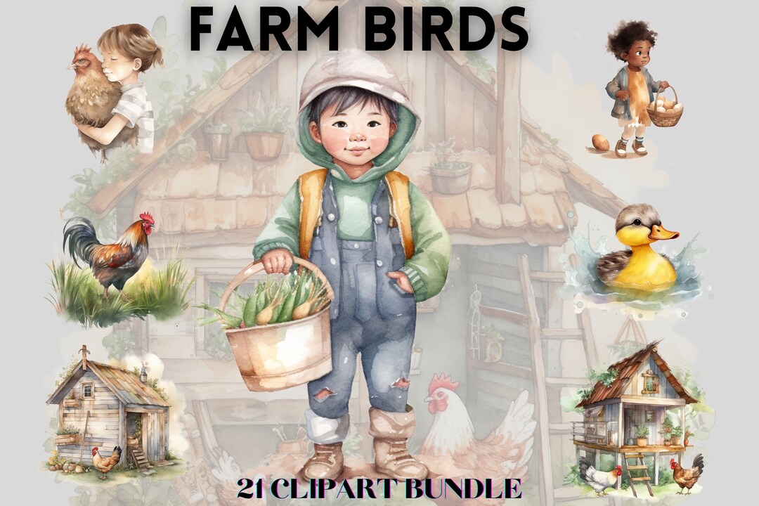 Watercolour Farm Birds Coop Clipart Bundle, Hen and Duck Clipart ...