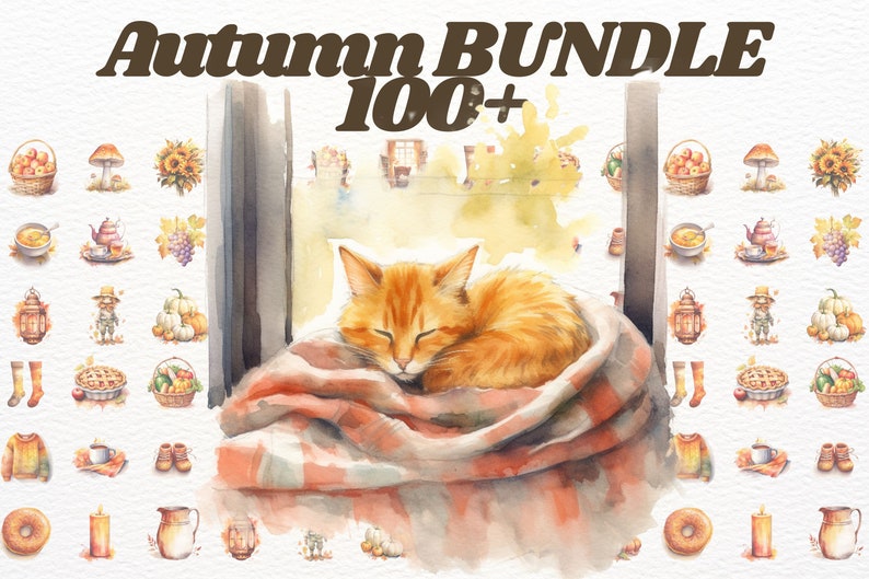 Watercolour Autumn Clipart Bundle, Cozy Autumn Clipart, Fall Clipart ...
