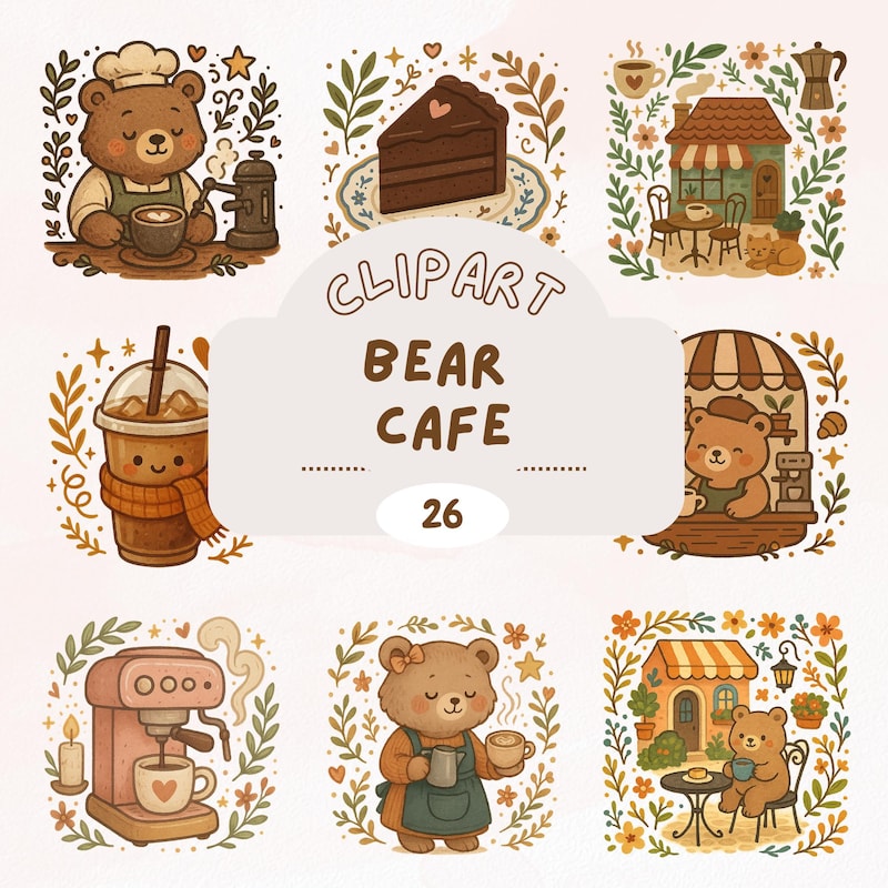 Cute Bear Cafe Clipart - Etsy