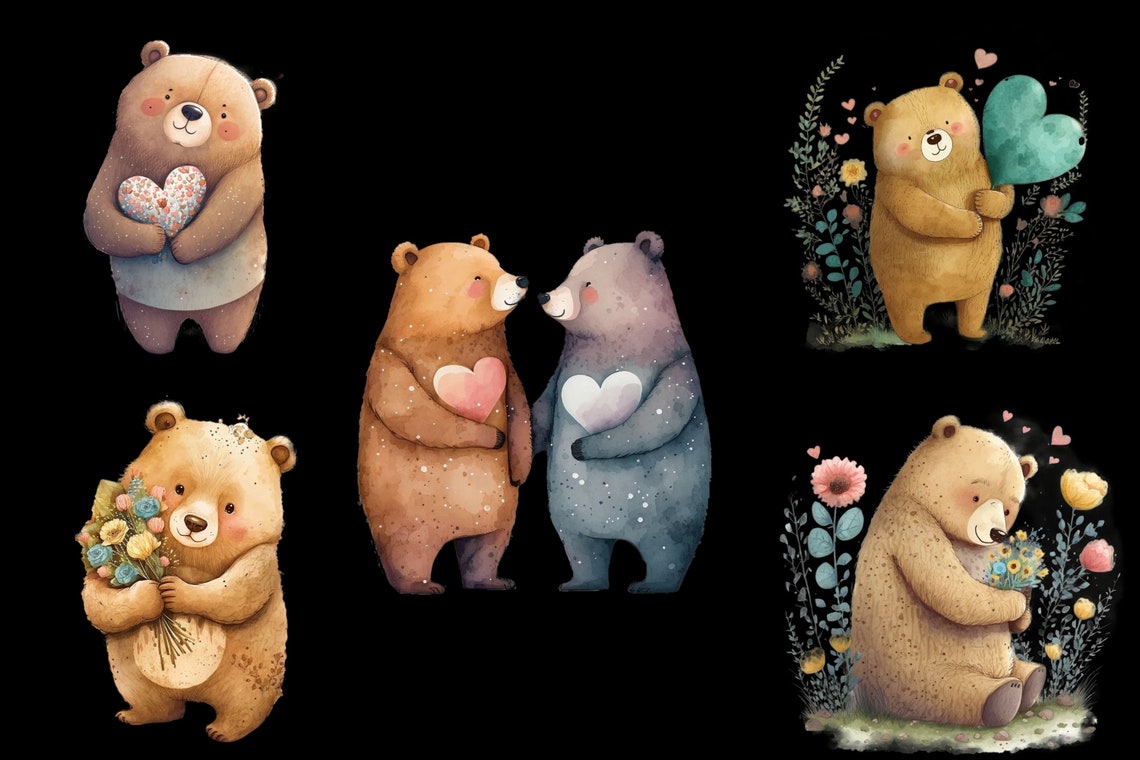 Watercolour Valentines Day Love Bears Clipart Valentine Png - Etsy