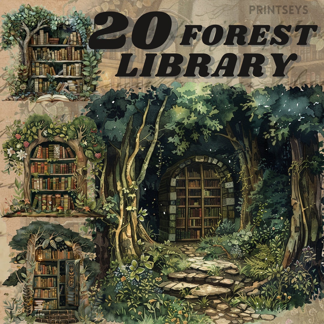 Watercolour Enchanted Forest Library Clipart Bundle, Dark Academia ...