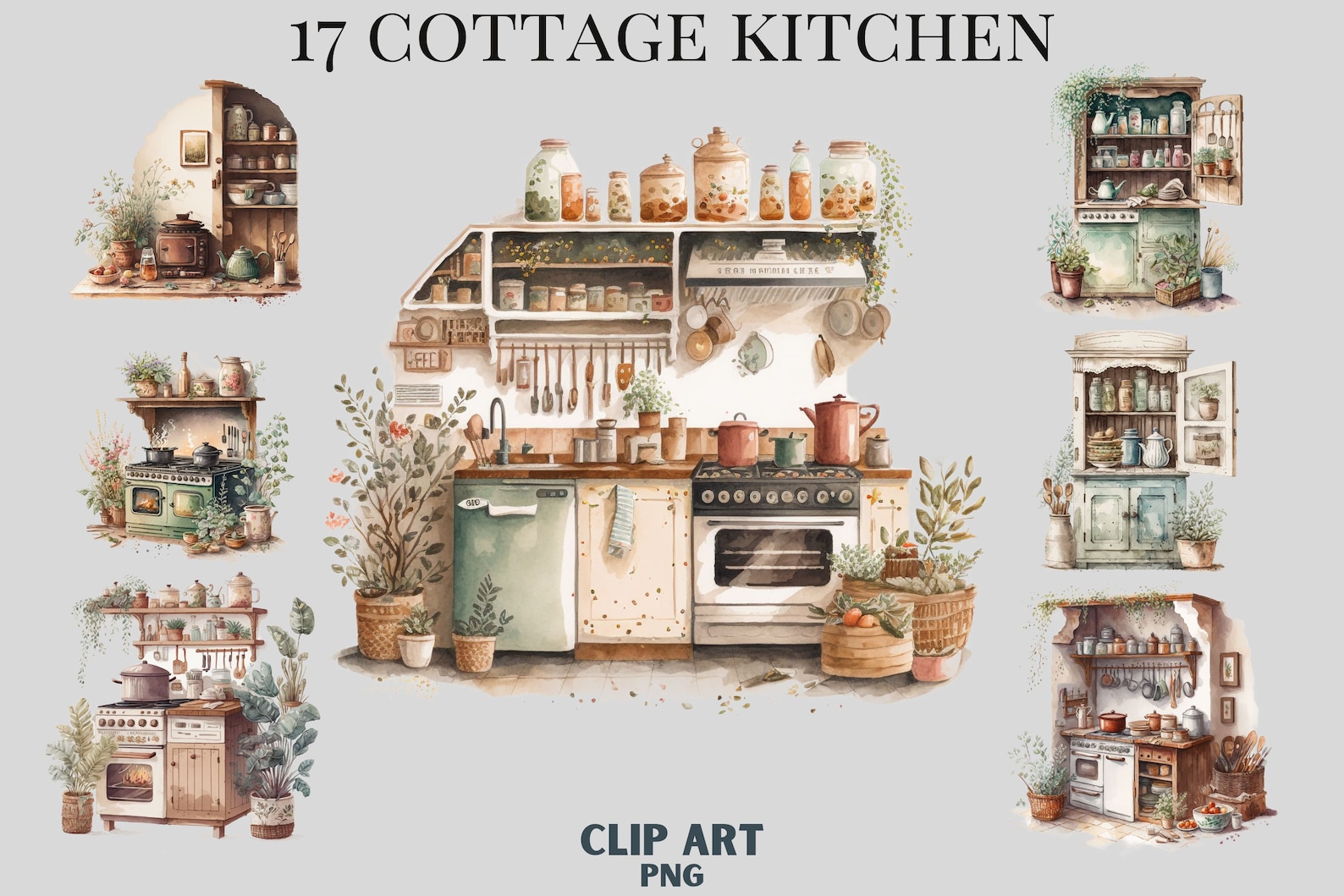Watercolour Cottagecore Kitchen Clipart Bundle , Cottage Living, Farm ...