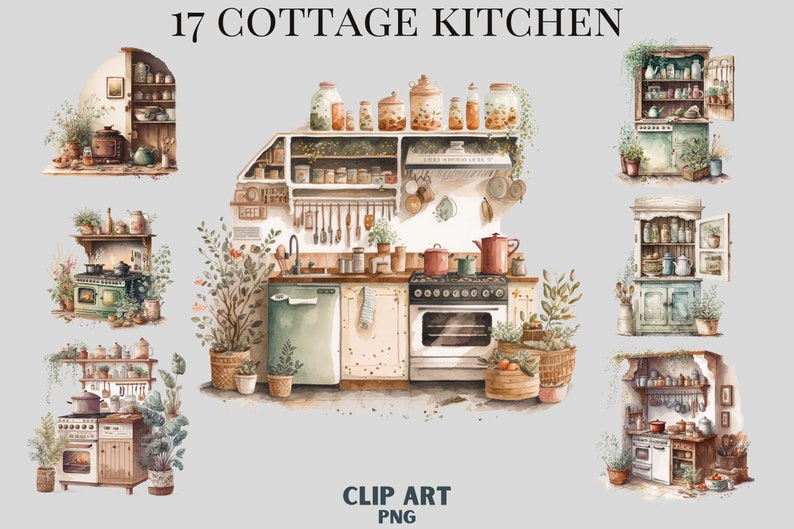 Watercolour Cottagecore Kitchen Clipart Bundle , Cottage Living, Farm ...