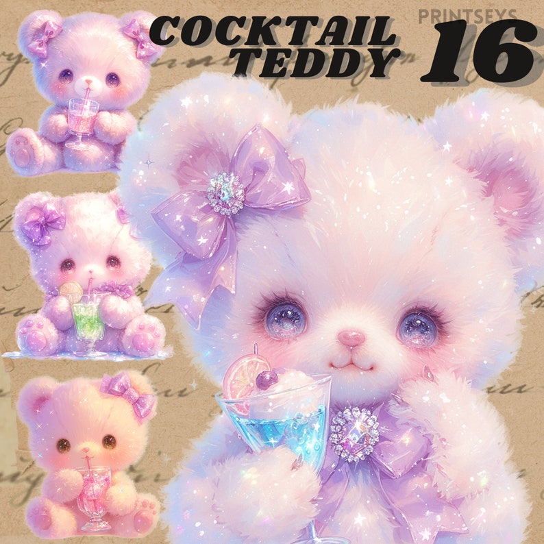 Cute Party Cocktail Teddy Bear Digital Sticker, Vintage Clipart Bundle ...
