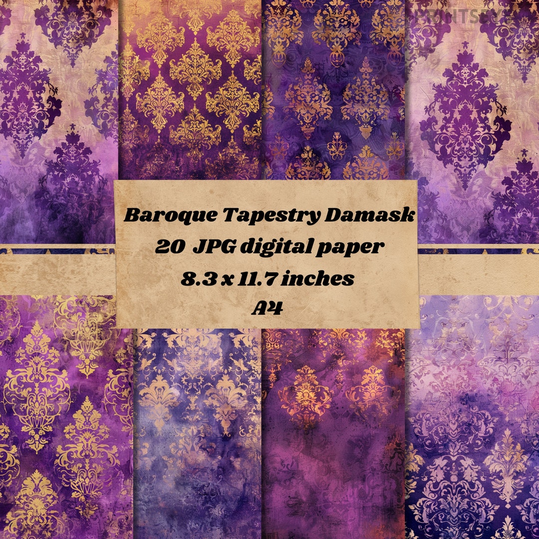 Distressed Baroque Damask Digital Paper, Rustic Vintage Textured Paper ...