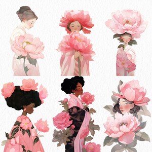 Fantasy Pink Peony Girl Digital Stickers, Spring Clipart Journaling ...