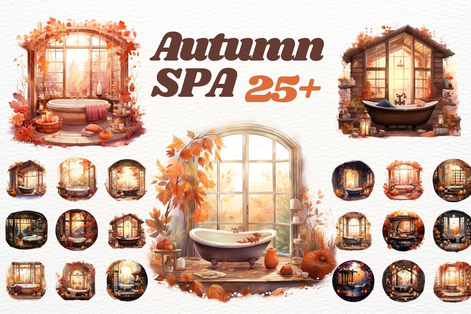 Watercolour Fantasy Autumn Spa Clipart Bundle, Relaxation Clipart, Bath ...