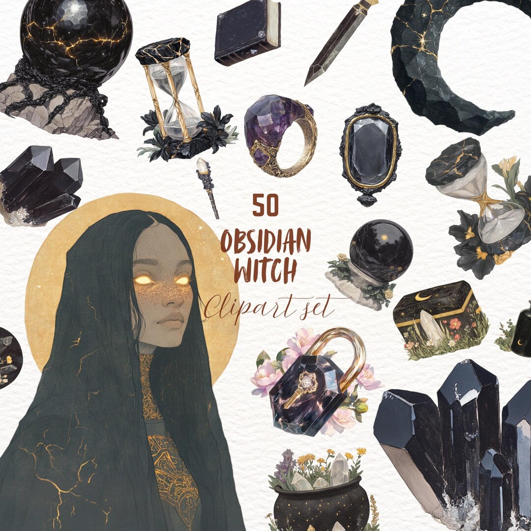 Obsidian Witch Clipart Bundle Crystal Wicca Sticker Set Magical ...