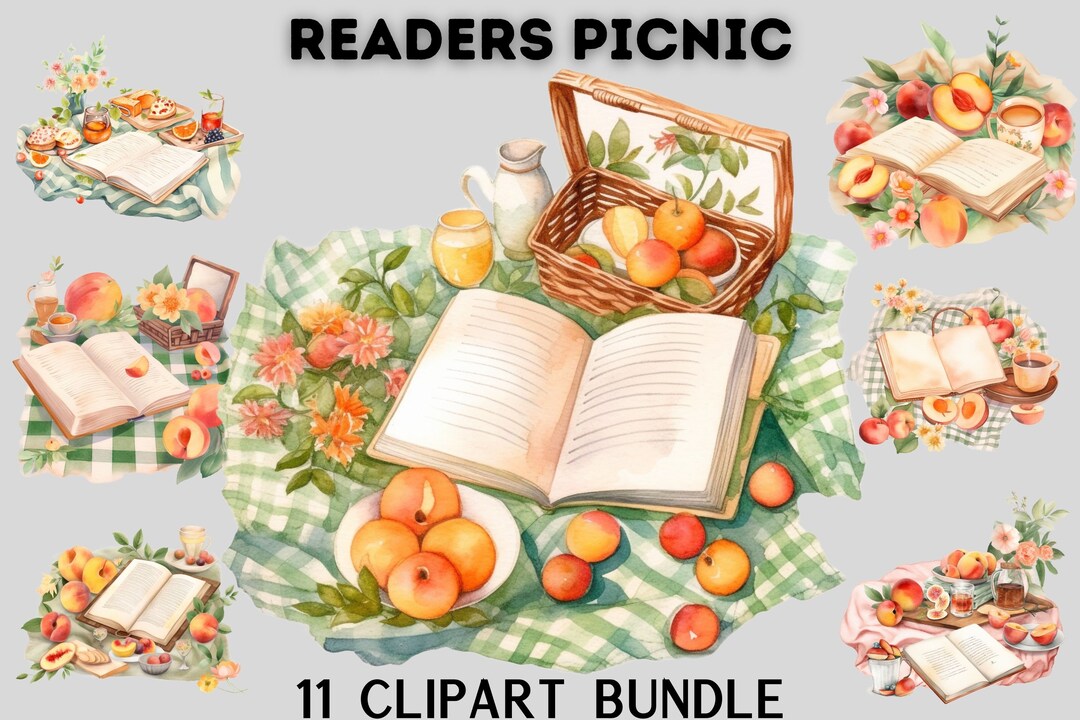 Watercolour Peach Reading Picnic Clipart Bundle, Book Clipart, Bookworm ...