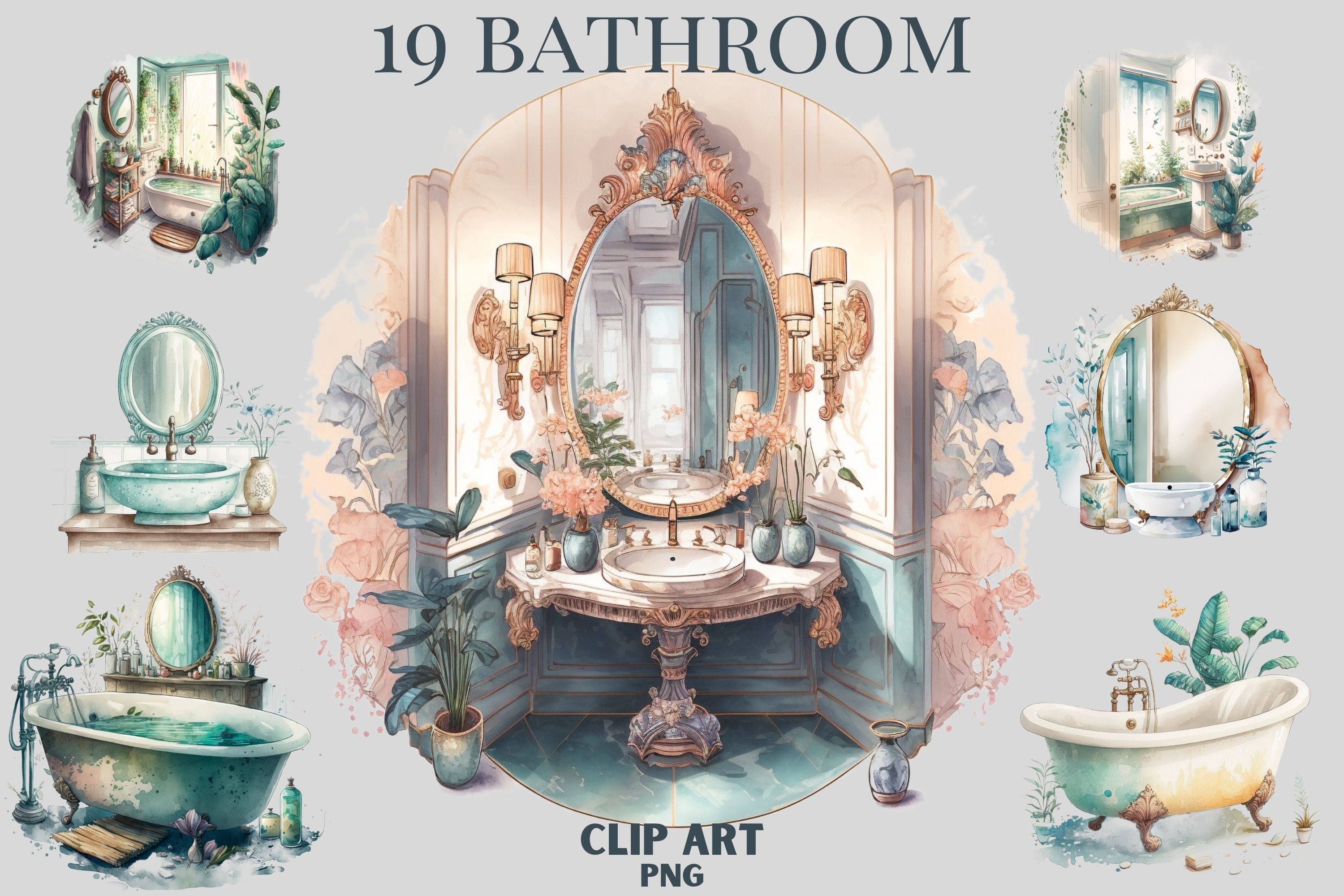 Watercolour Bathroom Clipart Bundle Bath Bundle Luxury Bath - Etsy