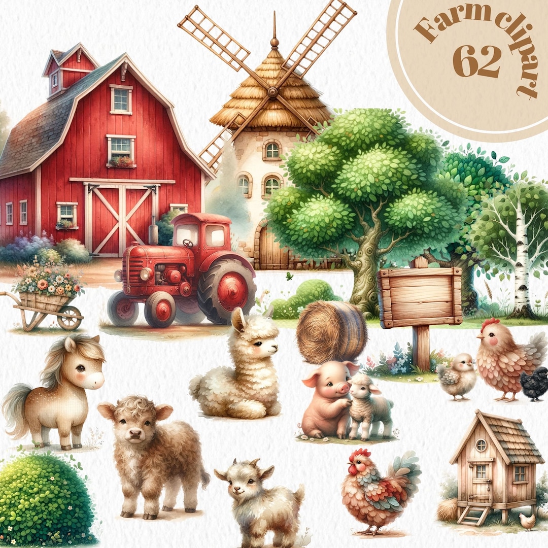 Cute Farm Clipart, Farm Animals Watercolor Digital Clipart, Farm ...