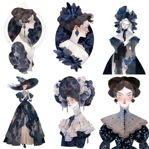 Midnight Blue Royal Ladies Clipart Bundle, Regency,rococo, Victorian ...