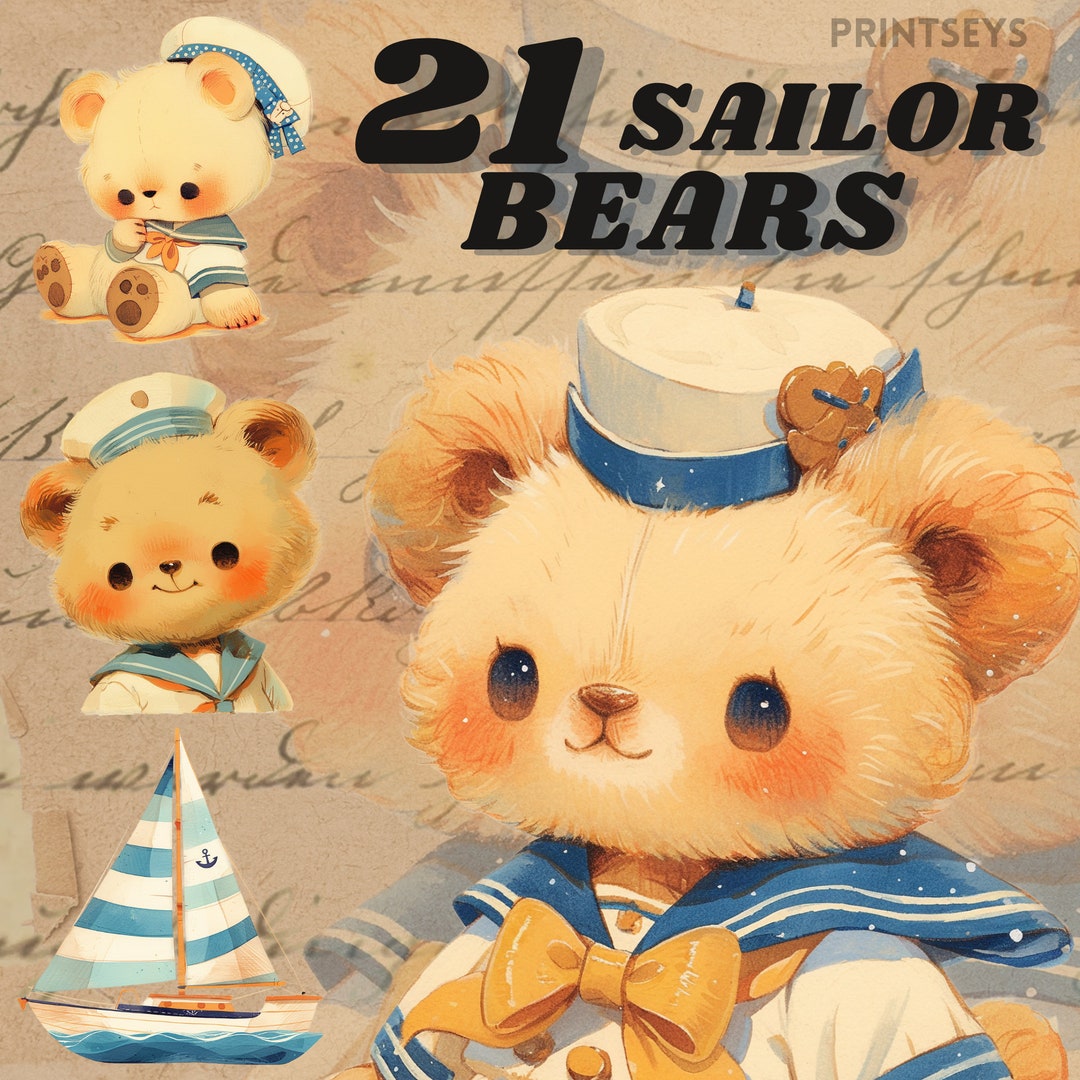Cute Sailor Bears Digital Sticker, Kawaii Bears Png, Valentines Day ...