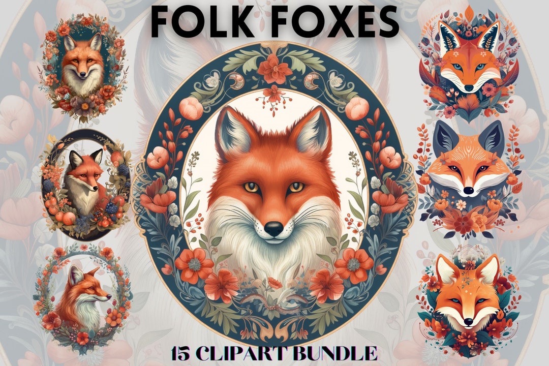Traditional Folk Foxes Clipart Bundle, Oriental Foxes, Fox Portrait ...