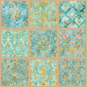 Blue and Gold Damask Digital Paper, Vintage Textured Paper, Scrapbook ...
