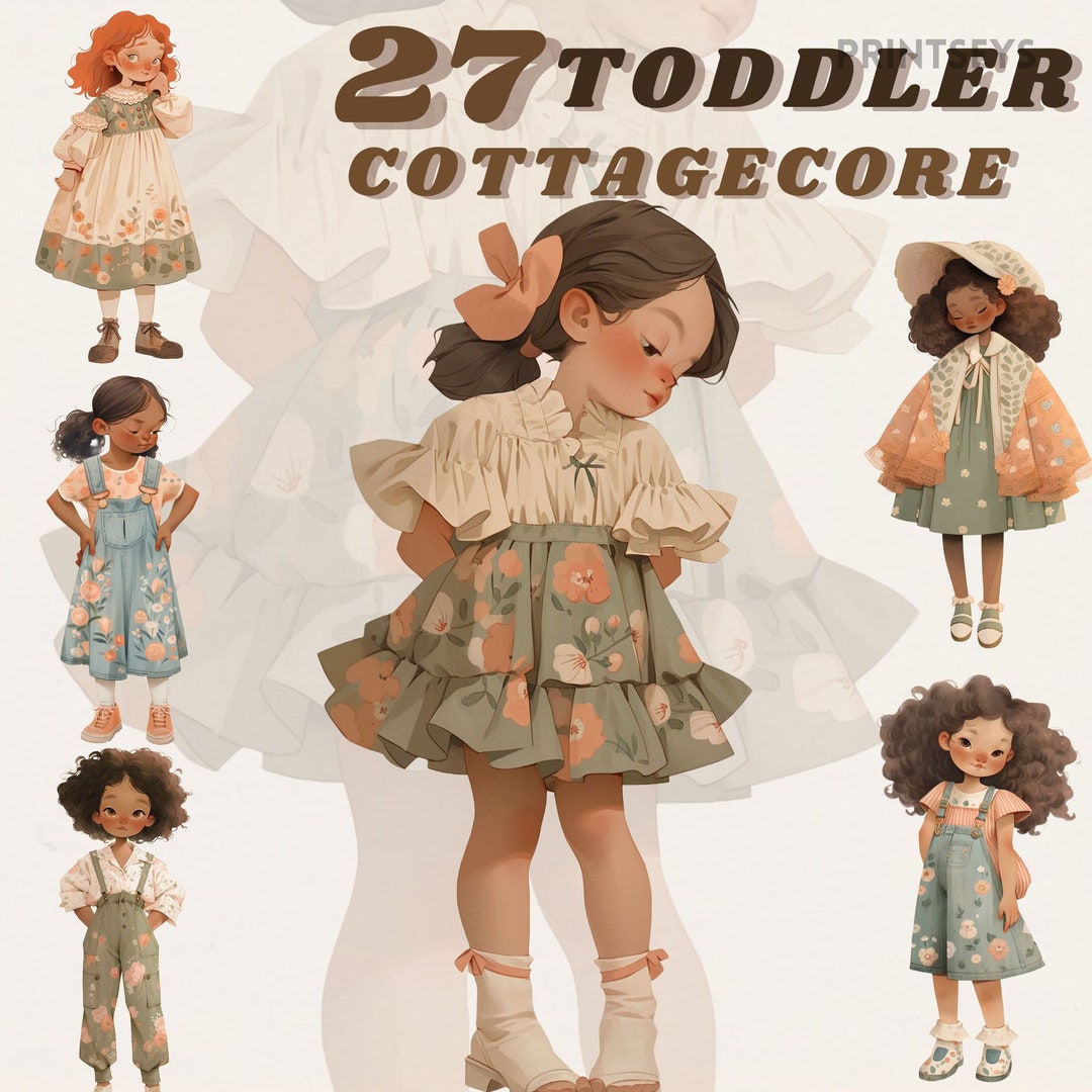 Cute Cottagecore Toddler Kid Fashion Outfit Clipart Bundle, Vintage ...