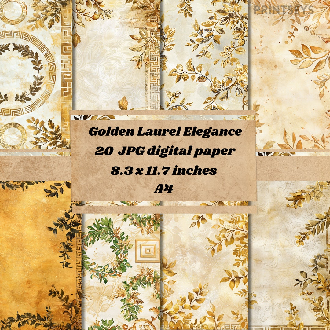 Golden Laurel Elegance Digital Paper, Greek Travel Vintage Textured ...