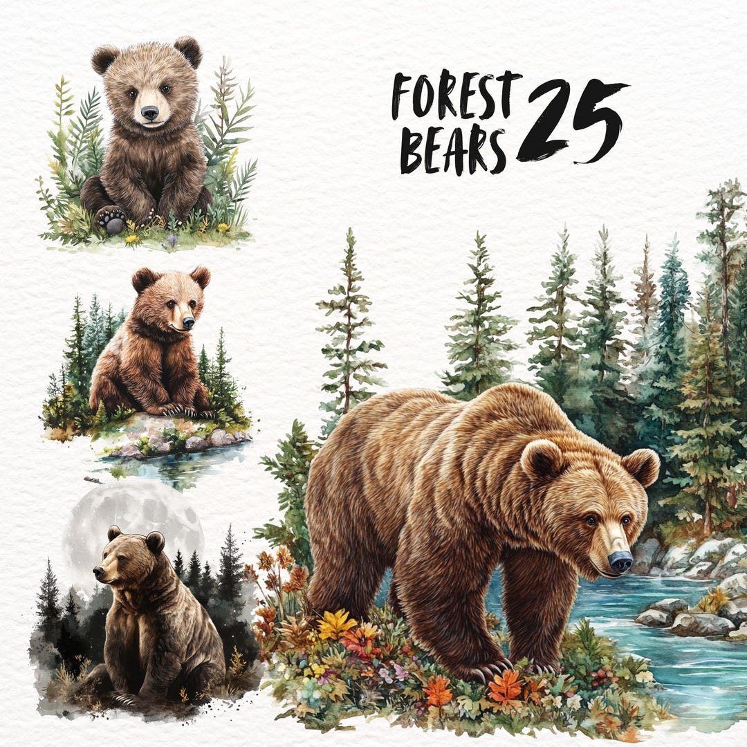 Watercolour Brown Forest Bears Clipart Bundle Summer Woodland Sticker ...