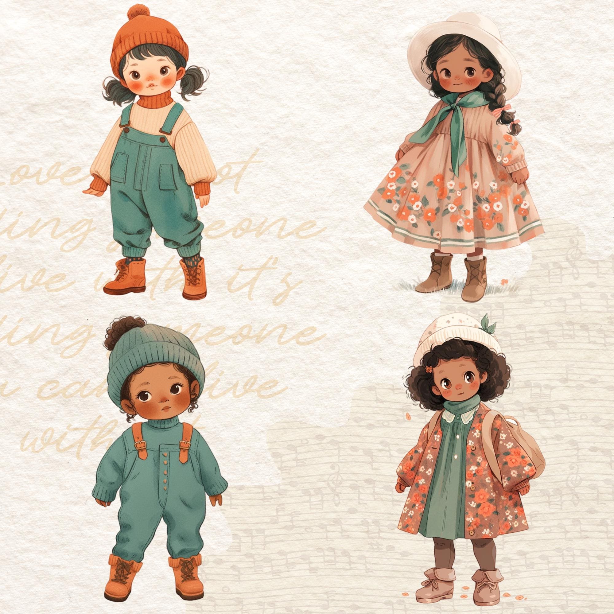 Cute Cottagecore Toddler Kid Fashion Outfit Clipart Bundle, Vintage ...