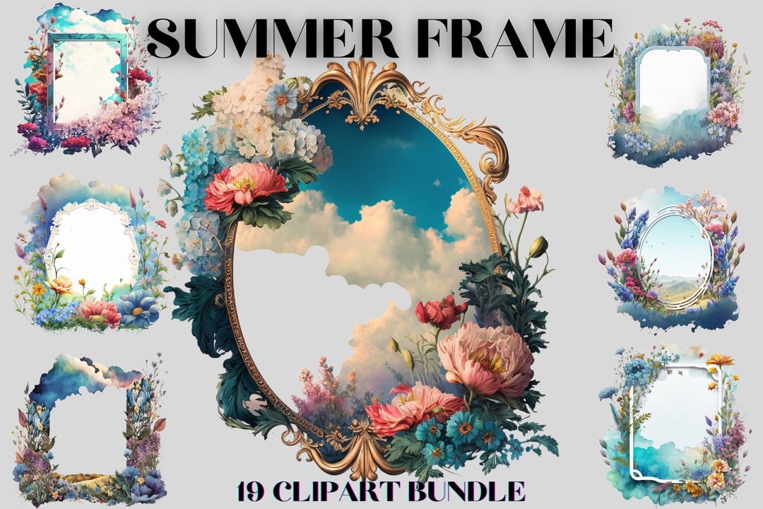 Watercolour Vintage Summer Frame Clipart Bundle, Gold and Black Stars ...