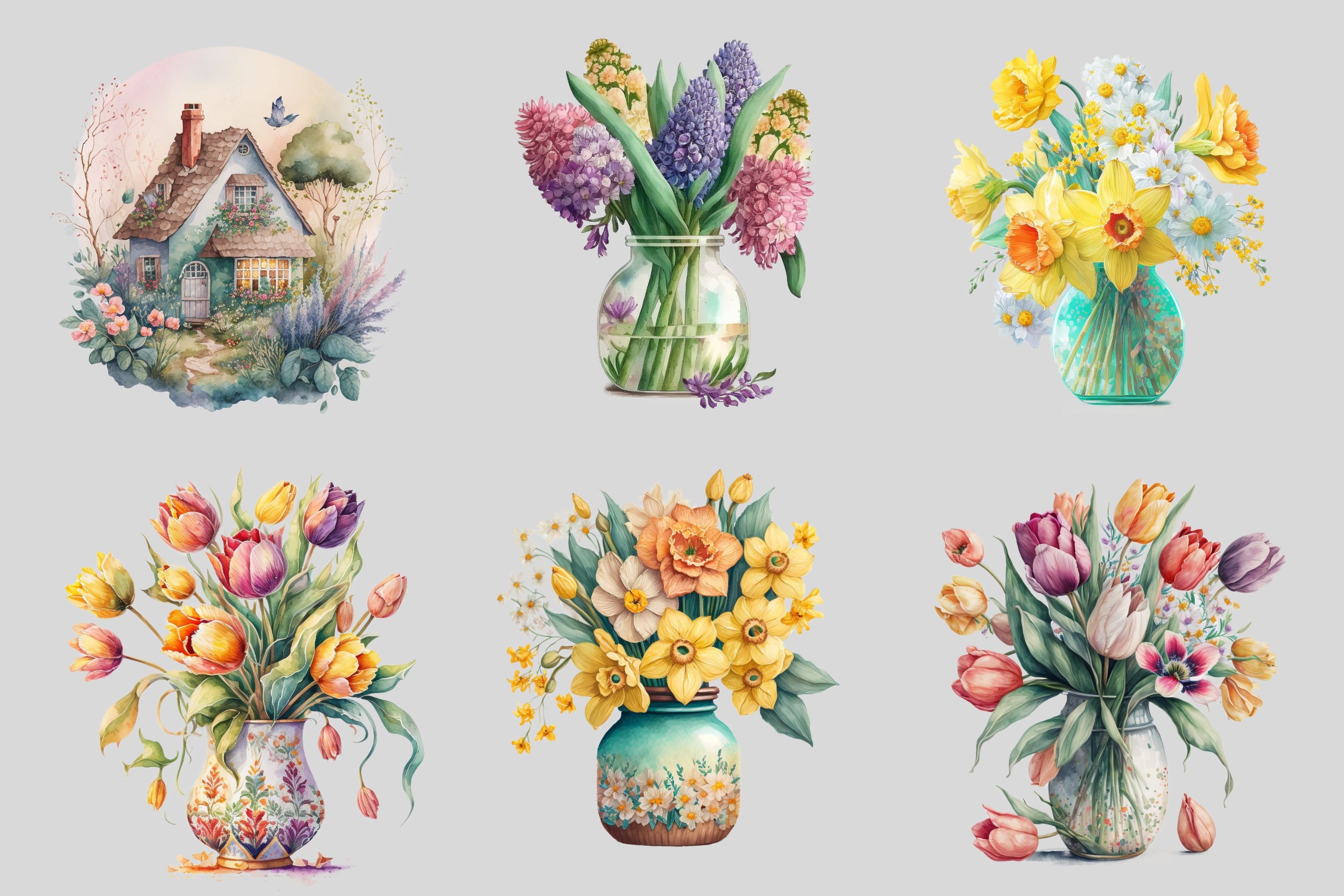 Watercolour Romantic Blooming Spring Clipart Bundle, Fantasy, Flowers ...