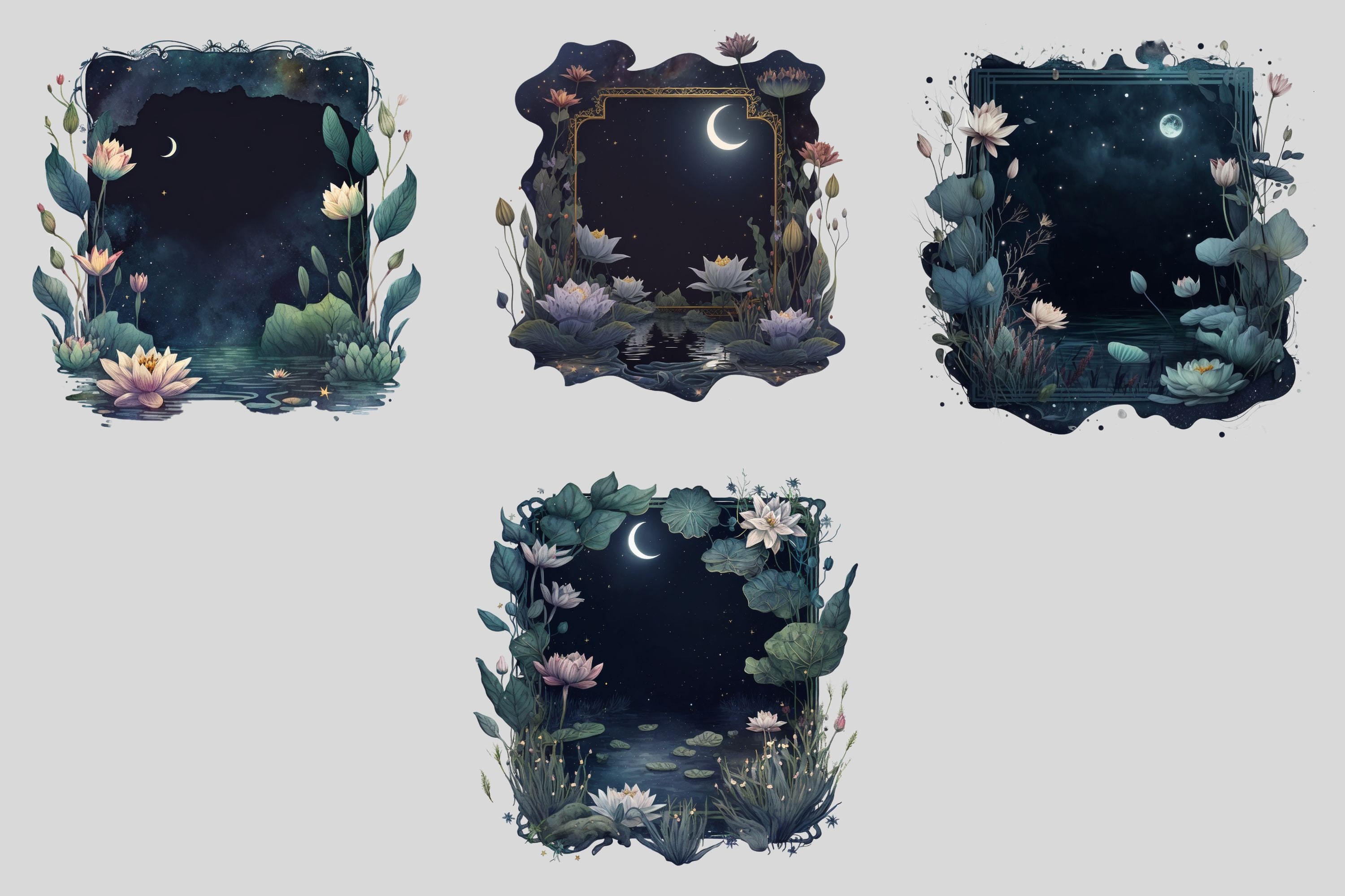 Watercolour Waterlilly Frame Clipart Bundle, Black Stars, Image Border ...