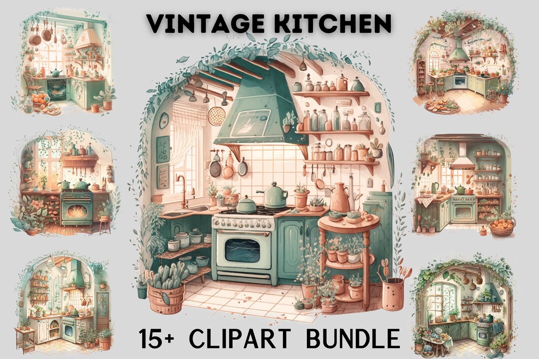 Watercolour Cottagecore Vintage Kitchen Clipart Bundle , Cottage Living ...