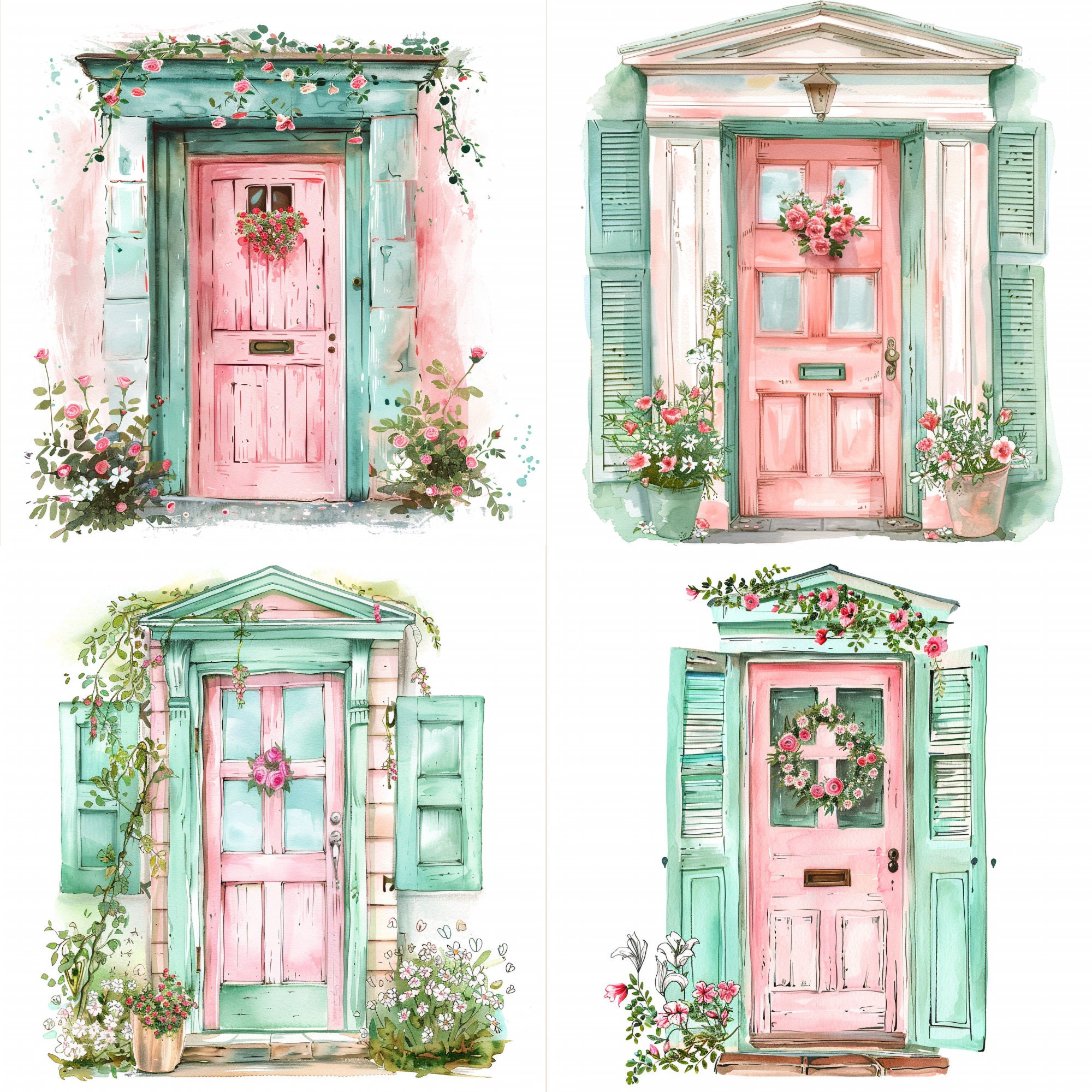 Candy Pink Vintage Doors Clipart, Old Doors, Printable Watercolor ...