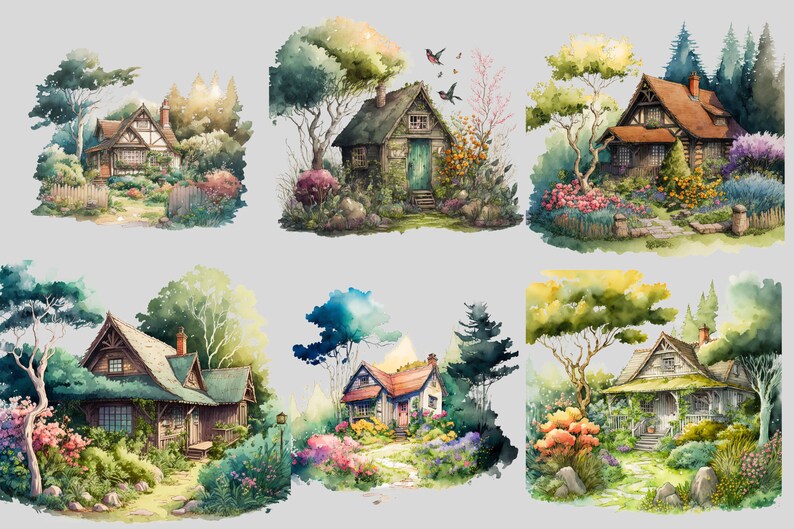 Watercolour Magical Garden House Clipart Bundle Cabin Png - Etsy