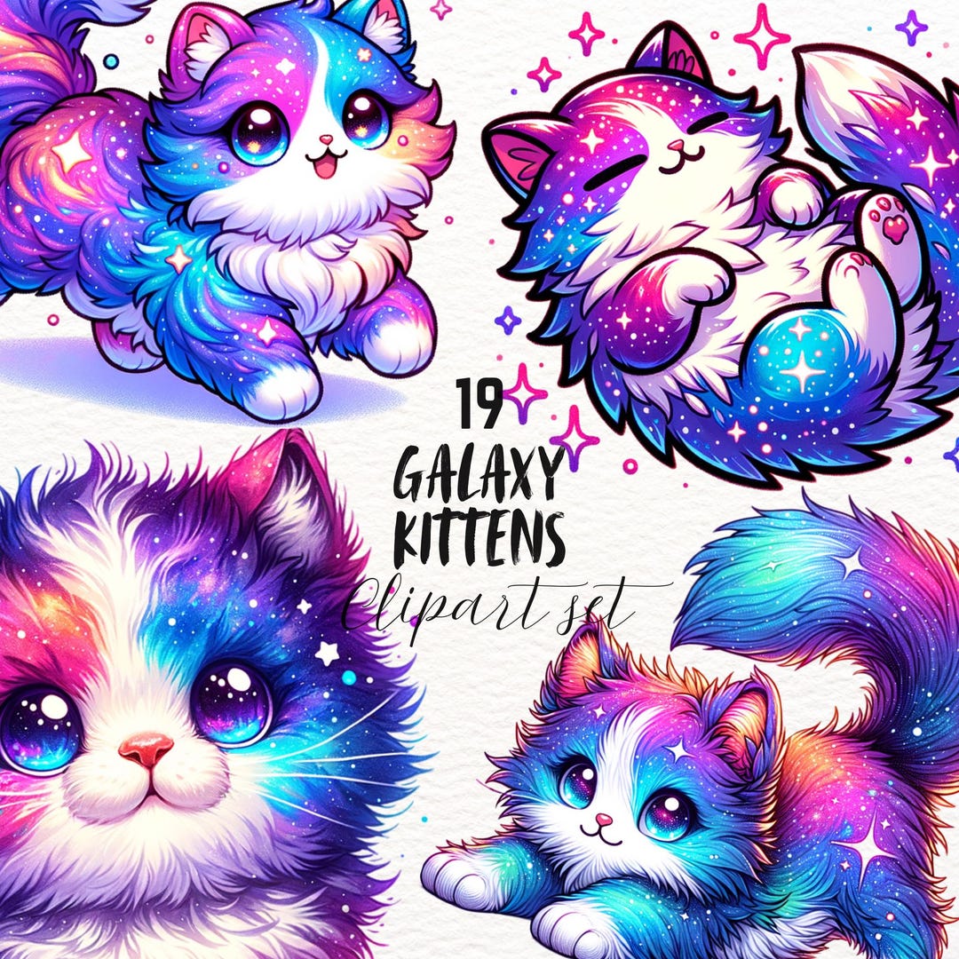 Cute Galaxy Kitten Clipart Set, Fluffy Galaxy Kitten Stickers, Kawaii ...