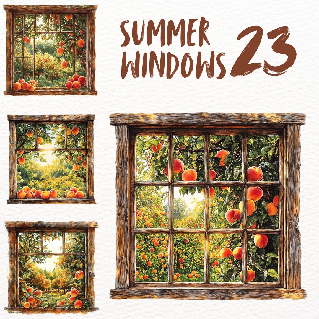 Peach Grove View Window Sticker Set , Summer Cottage Clipart Bundle ...