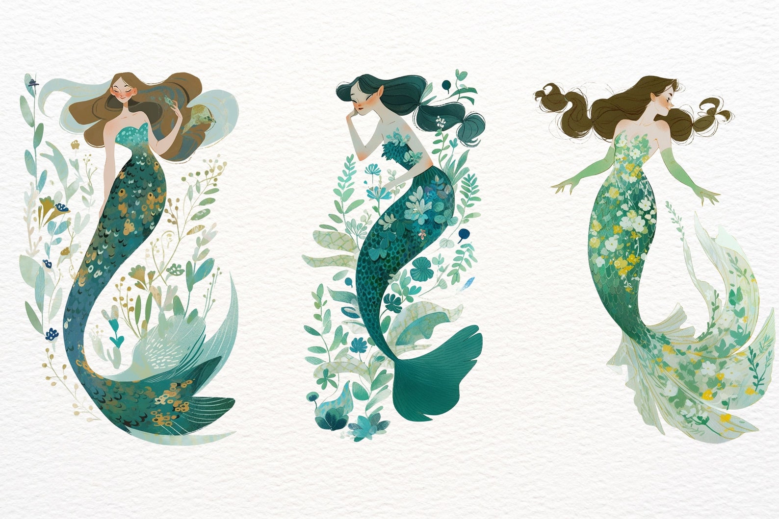 Best Folk Art Mermaid Clipart Bundle, Magical Cute Mermaids, Instant ...
