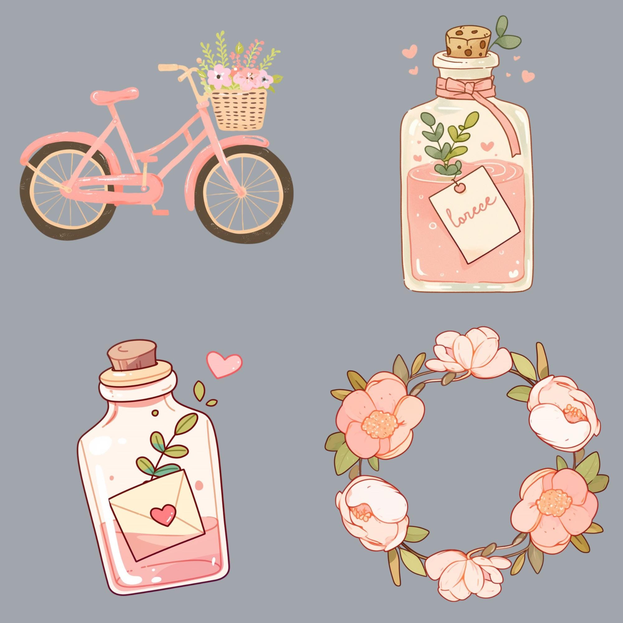 Cute Spring Digital Stickers, 2D Flat Floral Pink Clipart, Goodnotes ...