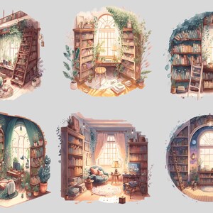 Watercolour Cozy Home Library Clipart Bundle, Bookshelf, Bookcase ...