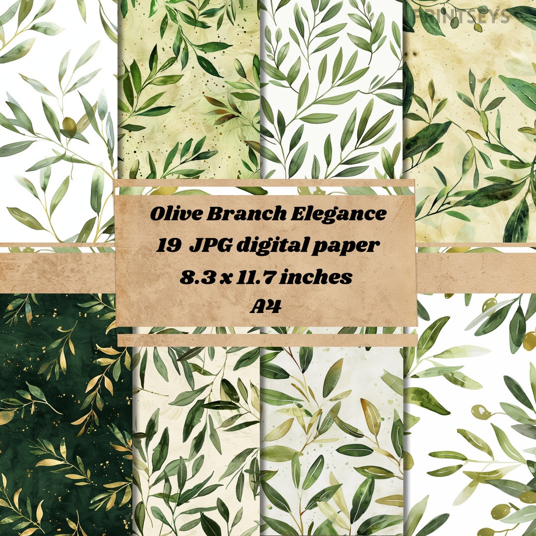Olive Branch Elegance Digital Paper, Greek Travel Vintage Textured Paper, Scrapbooking Textures ...