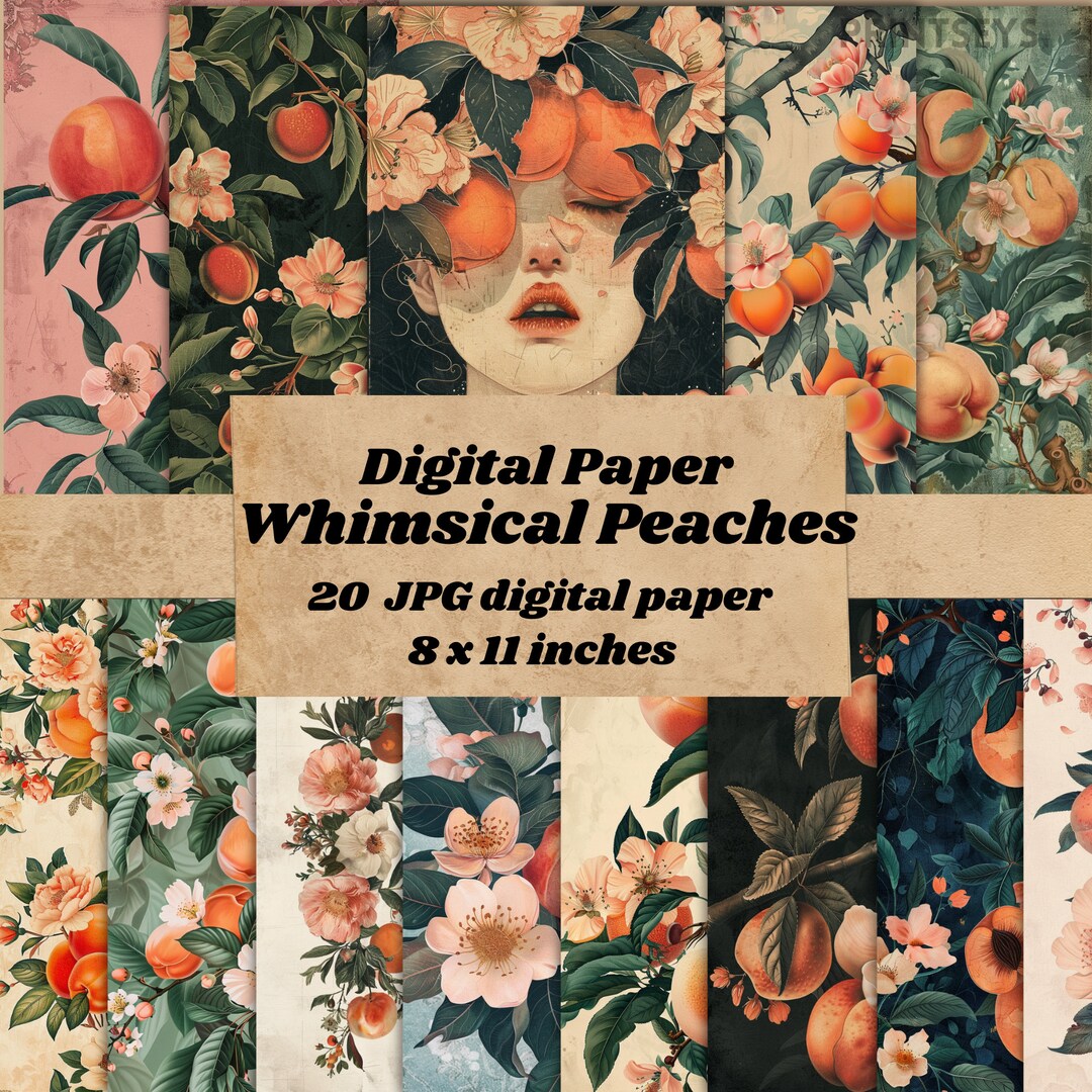 Vintage Fantasy Peach Digital Paper Background, Aged Fruit Background ...