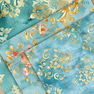 Blue and Gold Damask Digital Paper, Vintage Textured Paper, Scrapbook ...
