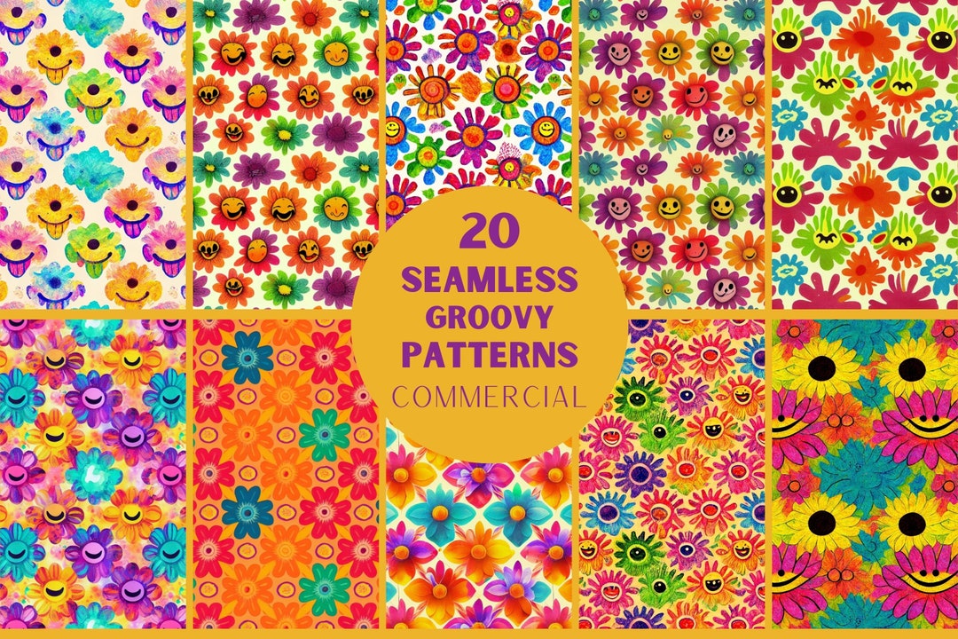 Groovy 60s Psychedelic Digital Paper, Seamless Pattern, Bright Colours ...