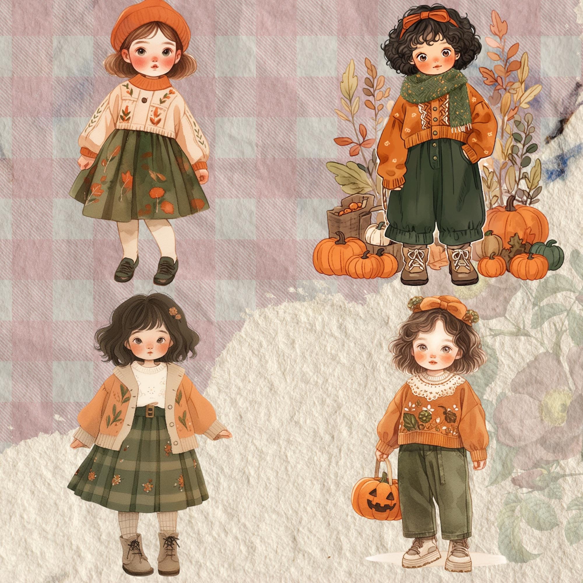 Cute Cottagecore Toddler Kid Fashion Outfit Clipart Bundle, Vintage ...