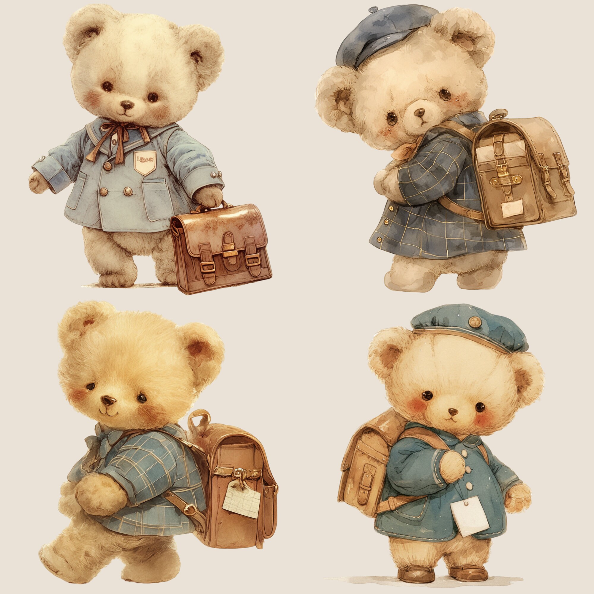 Cute Teddy Goes to School Digital Sticker, Vintage Clipart Bundle ...