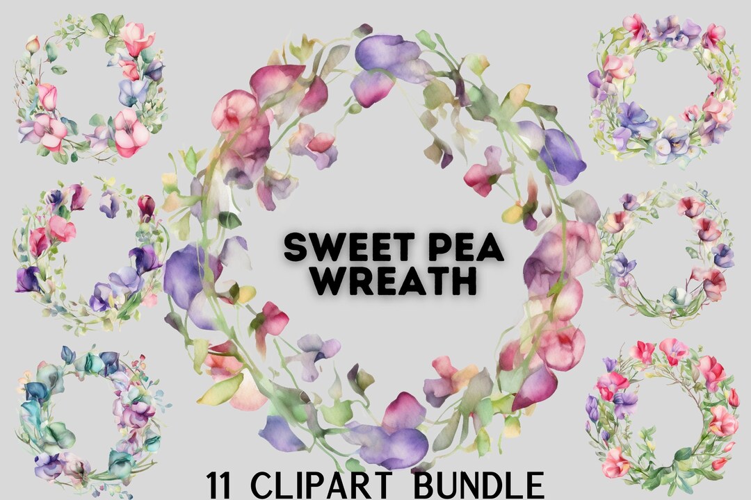 Watercolour Sweet Pea Flower Wreath Clipart Bundle, Floral Wreath ...