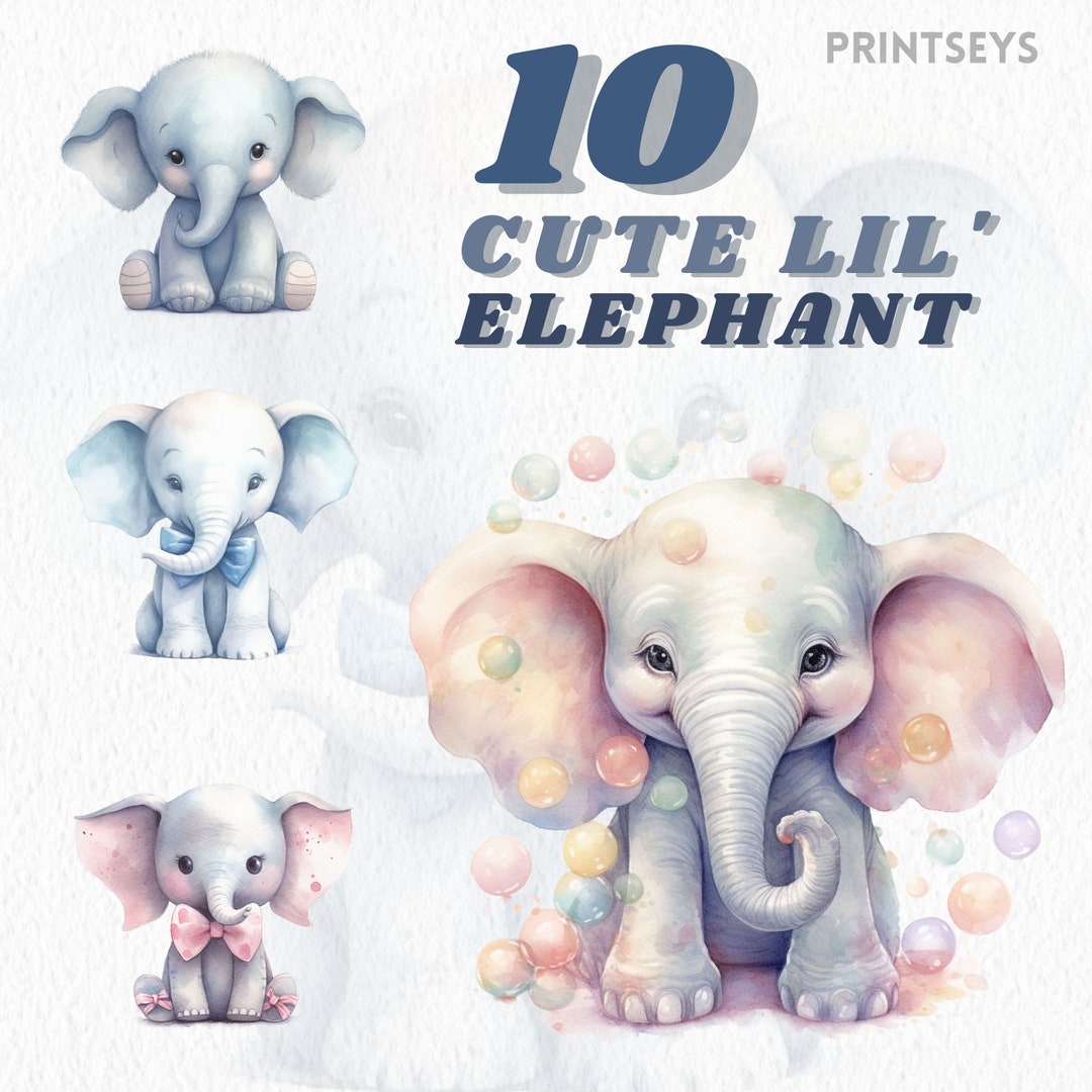 Watercolour Cute Adorable Elephant Clipart Bundle, Baby Elephant ...