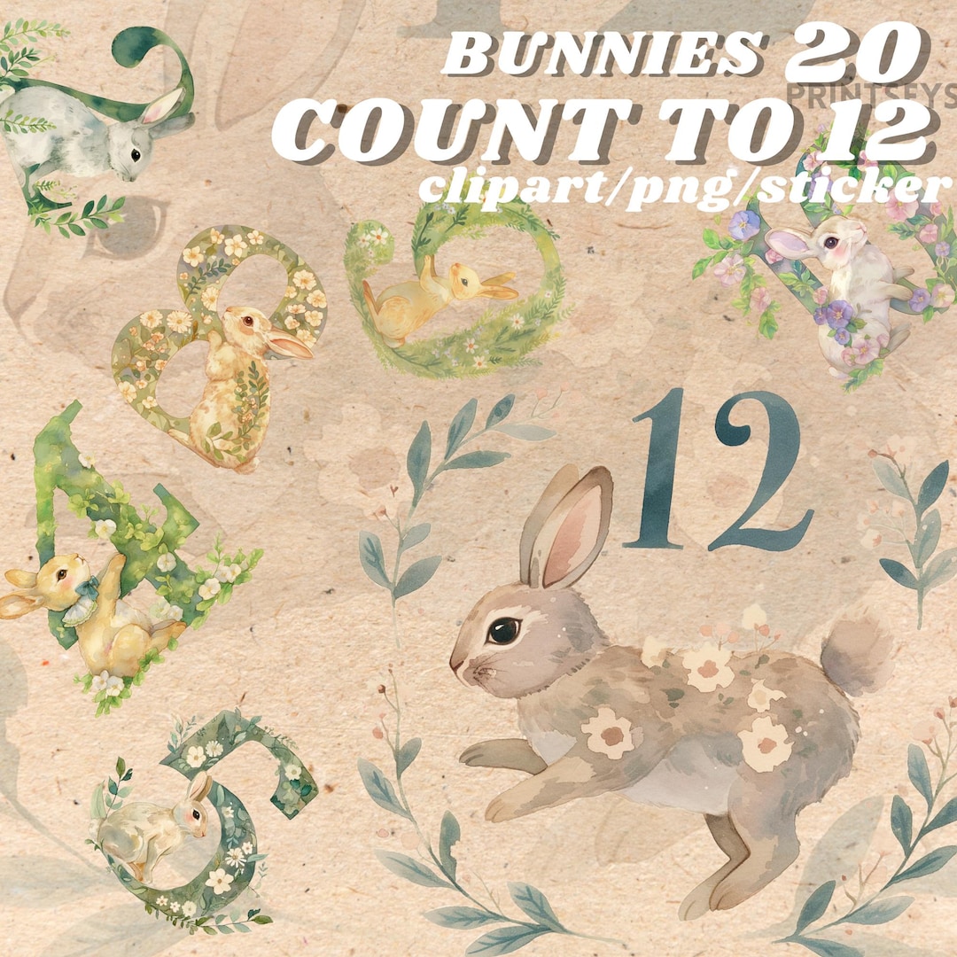 Cute Vintage Bunnies Count to 12 Digital Sticker, Birthday Animals Png ...
